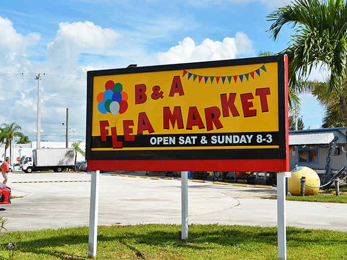 The cheerful sign announcing weekend hours, because treasure hunting operates on a strict Saturday-Sunday schedule around here.