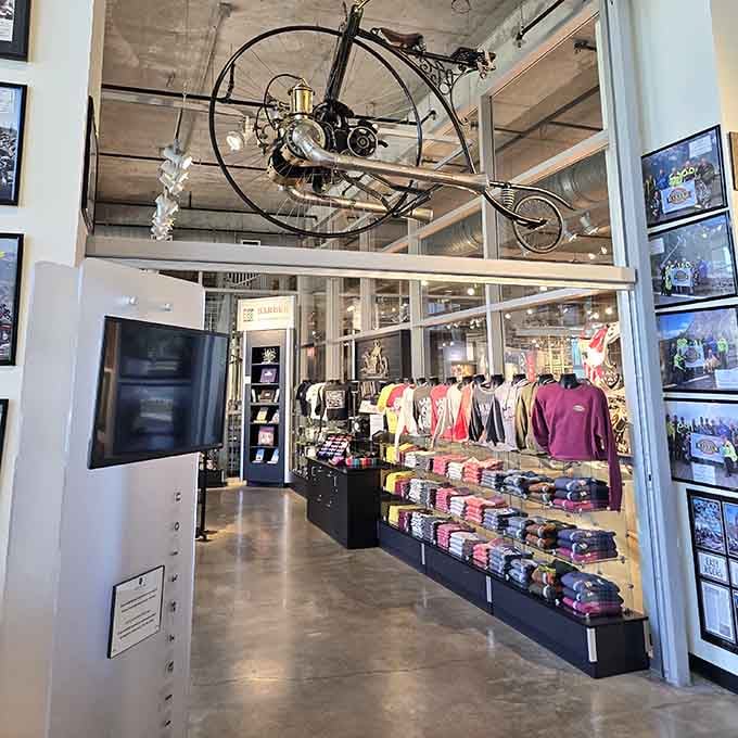 The gift shop even suspends a vintage bike overhead, because normal retail displays are clearly too boring for this place.