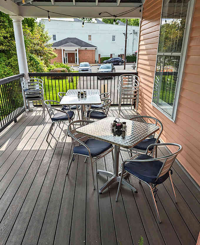 The outdoor patio offers al fresco dining where you can enjoy your meal with fresh air and downtown views.