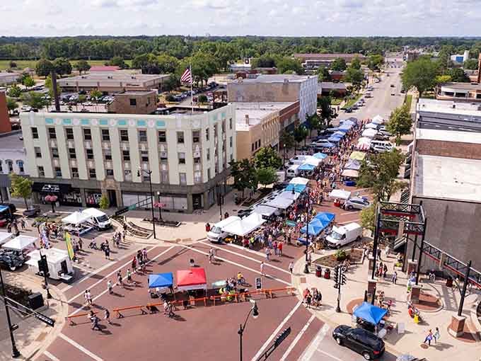 The farmers market transforms downtown into a bustling community gathering spot where neighbors actually talk to each other.