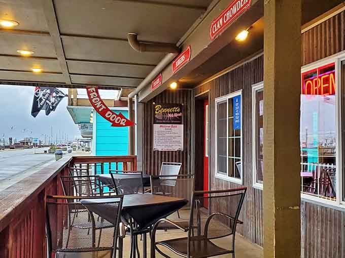 Outdoor seating with harbor views means you can watch fishing boats while eating what they just caught this morning.