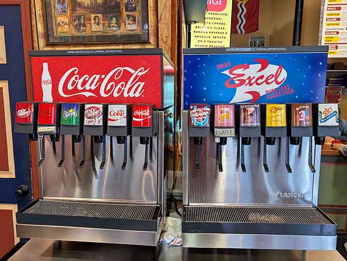 Two fountain machines side by side means you've got more beverage options than most people have in their entire refrigerator.
