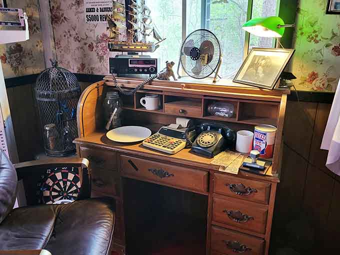 Vintage rotary phones and roll-top desks evoke an era when life moved just a bit slower.