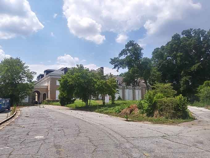 The cracked driveway and overgrown landscape frame a building that refuses to surrender its dignified presence.