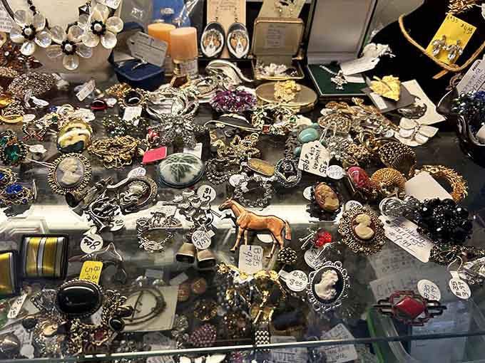This glittering jumble of brooches and baubles holds enough sparkle to accessorize every outfit from poodle skirts to power suits.