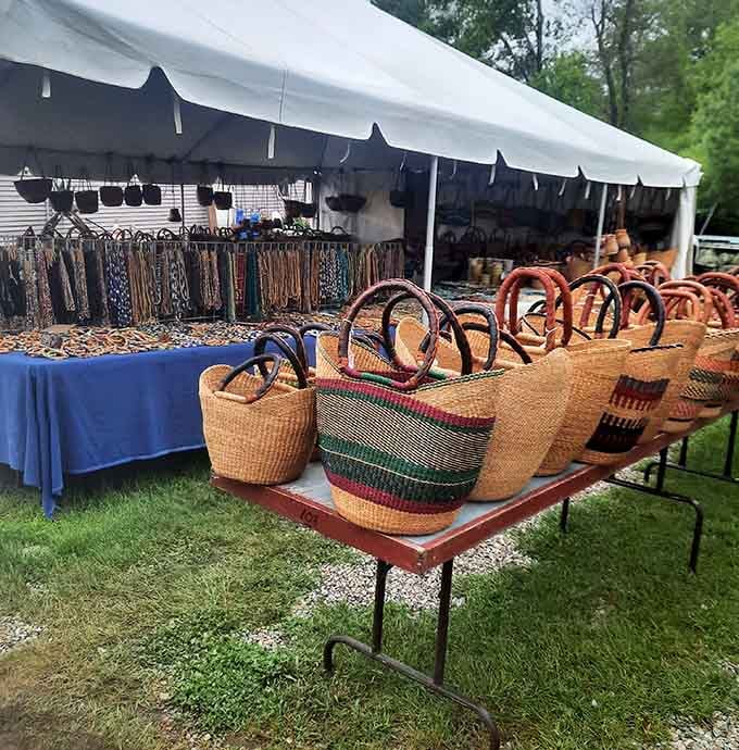 Handwoven market baskets lined up like soldiers, ready to carry your treasures home in sustainable, timeless style.