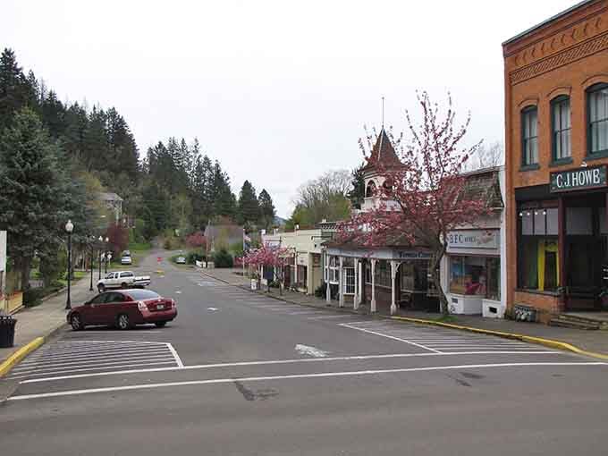 Spring blossoms frame the street view like nature decided to collaborate with the town's preservation efforts perfectly.