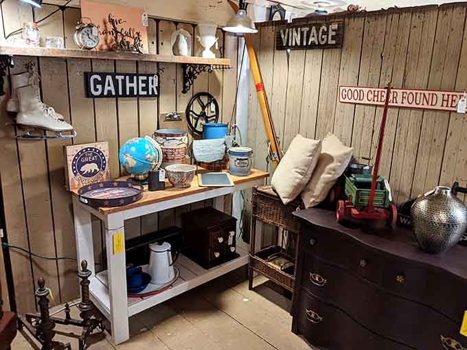 Vintage signs proclaim "GATHER" while globes and skates create displays that somehow make perfect sense together.
