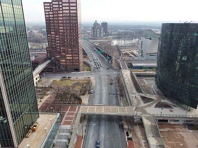 From above, you can see how the Bulkeley Bridge threads through the urban landscape like architectural embroidery.