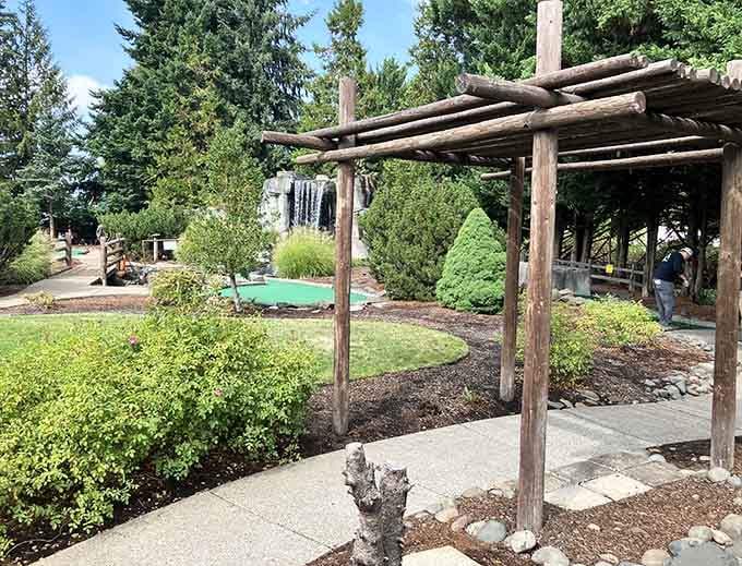 Wooden pergolas and winding paths invite leisurely strolls between holes &ndash; no rushing required here.