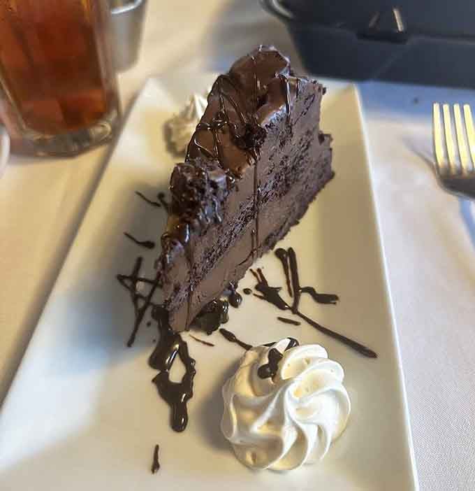 This chocolate cake slice stands tall and proud, drizzled with chocolate sauce like it's posing for its senior portrait, and rightfully so.
