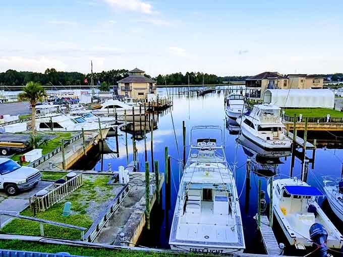 The marina at dawn, where working boats rest and dreams of tomorrow's catch float on calm waters.