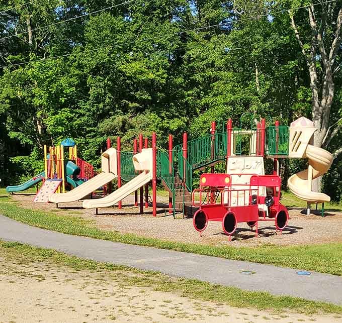 A playground where kids can burn energy while parents contemplate the meaning of peaceful silence.