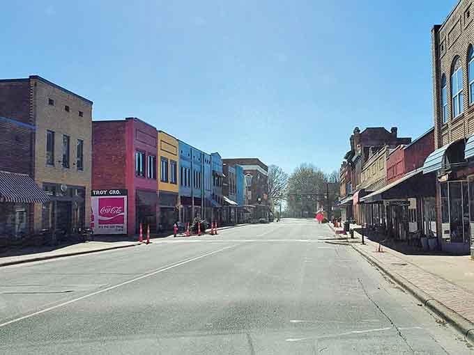 Main Street Cherryville: where colorful buildings and empty parking spaces coexist in perfect harmony every day.