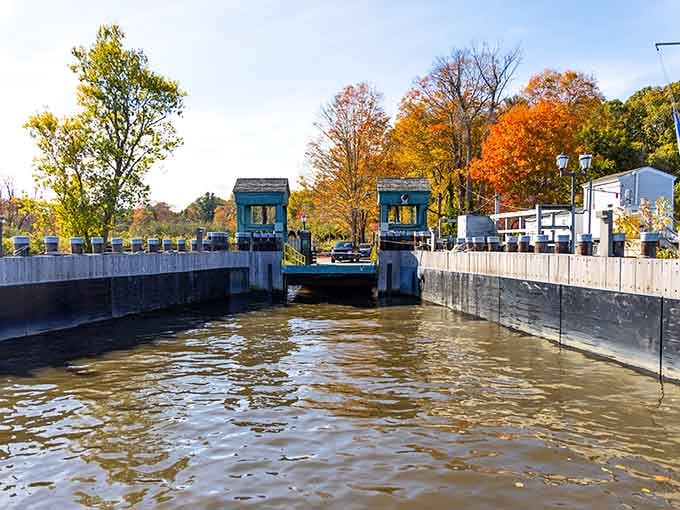 The Chester-Hadlyme Ferry dock in autumn glory, ready to transport you across the river like it's 1769.