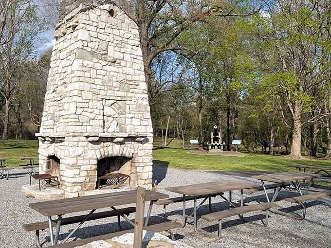 Stone fireplace picnicking like your great-grandparents did, minus the formal attire and rigid social expectations of yesteryear.