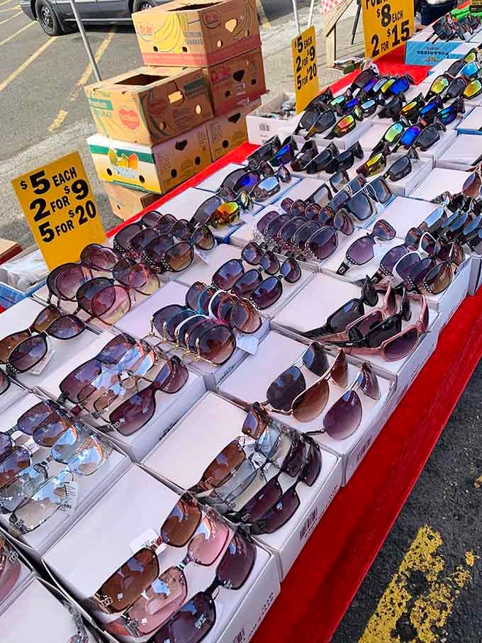 Sunglasses lined up like soldiers, protecting eyes and wallets simultaneously with prices that won't make you wince.