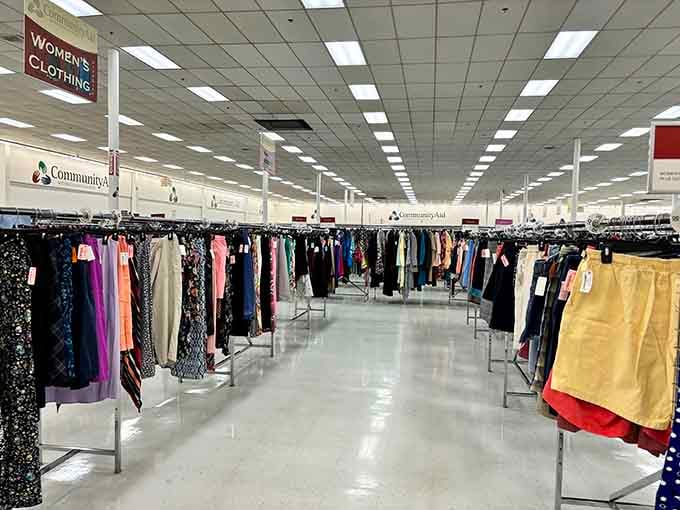 Women's fashion stretches forever in organized rows, making department stores look positively tiny by direct comparison here.