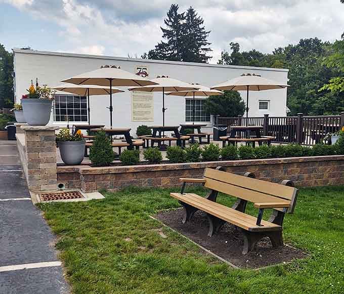Outdoor seating with umbrellas provides the perfect spot to enjoy your cone while pretending you're on vacation.