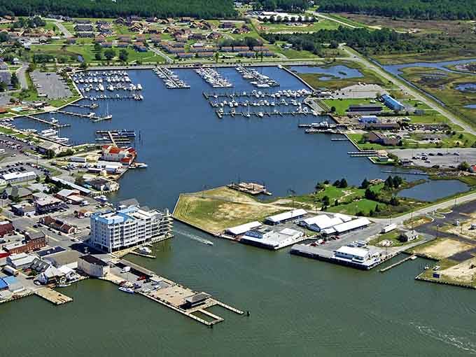 Somers Cove Marina from above reveals why boaters love Crisfield, with protected slips and easy access to endless waterways.