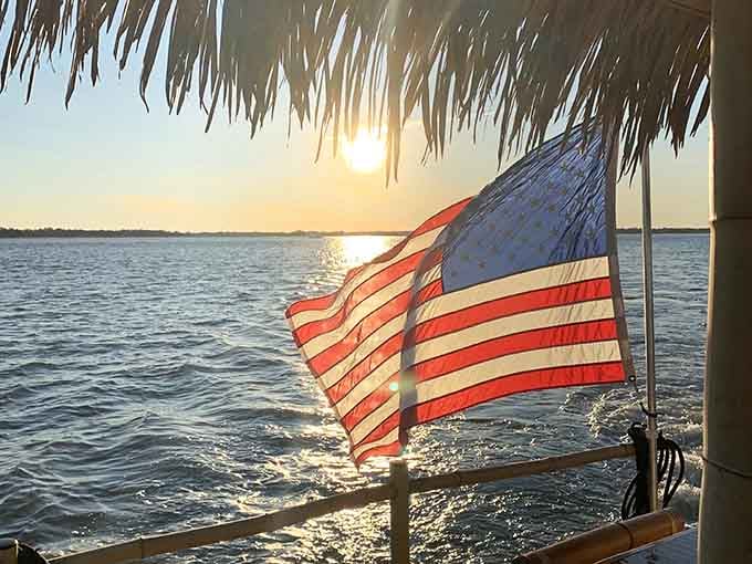 Sunset catches the flag just right, creating a postcard moment that makes you grateful for simple pleasures and good company.