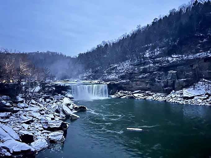 Winter transforms Cumberland Falls into a frozen fantasy that looks like Narnia decided to vacation in Kentucky.
