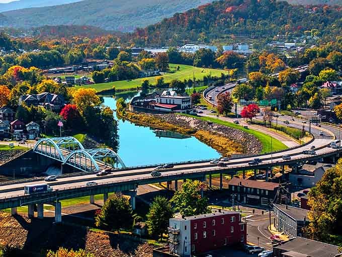 Autumn paints the valley in Technicolor while the Potomac curves through town like nature's own scenic highway design.