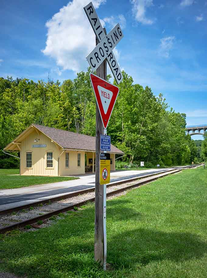 That classic railroad crossing sign stands sentinel, reminding everyone that trains still rule these tracks.