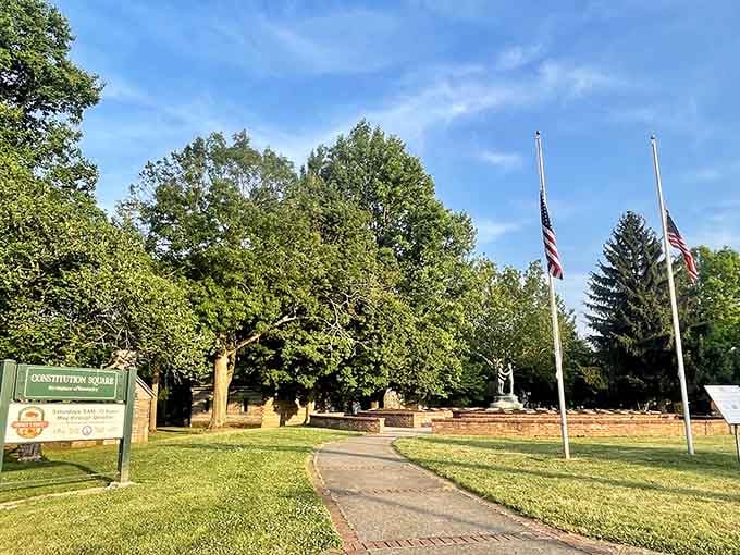 Morning light on Constitution Square where American democracy took some of its earliest baby steps forward.