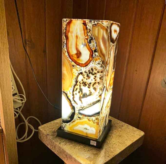 Beautiful onyx specimens in the visitor center demonstrate the stunning variety of minerals found in Kentucky's remarkable cave systems.