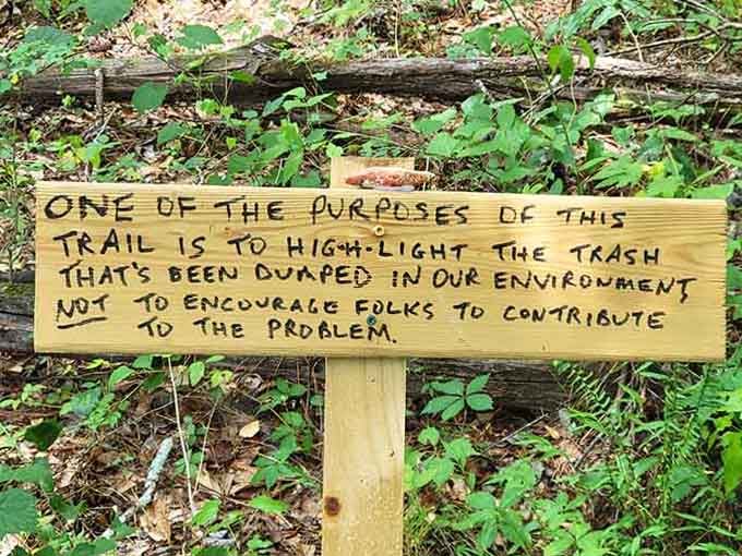 This handwritten sign perfectly captures the trail's mission, turning environmental awareness into an outdoor classroom that actually feels welcoming and fun.