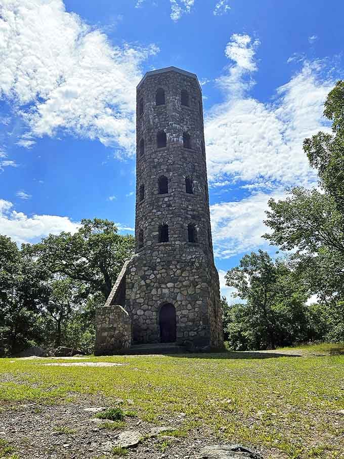 The historic Stone Tower stands tall in Lynn Woods Reservation, offering incredible panoramic views for those willing to make the climb.