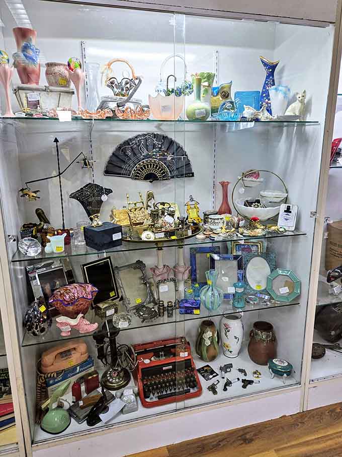 Glass cases filled with treasures ranging from elegant to eccentric, proof that one person's clutter is another's collection.