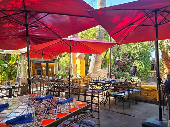 Patio dining under red umbrellas, where the only thing better than the view is what's arriving on your plate.