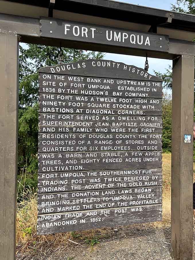Fort Umpqua's historical marker tells tales of fur traders and settlers who found paradise right here.
