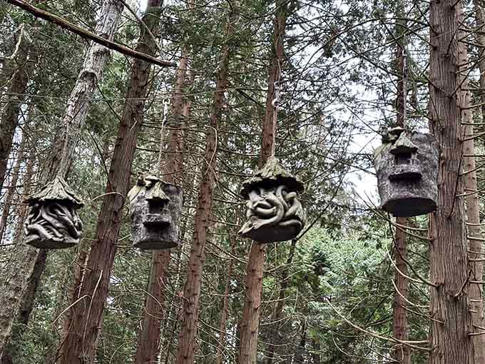 Suspended gnome houses dangle from branches overhead, creating an entire aerial neighborhood for the vertically ambitious forest dwellers.
