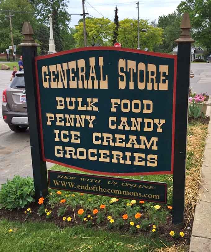Classic signage promises bulk food, penny candy, and ice cream alongside groceries for complete shopping satisfaction.