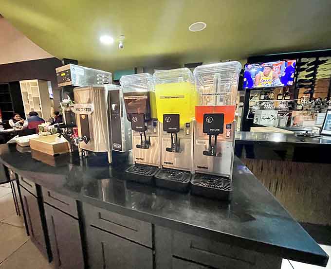 The beverage station stands ready with coffee, juice, and everything in between to fuel your multi-plate marathon adventure.