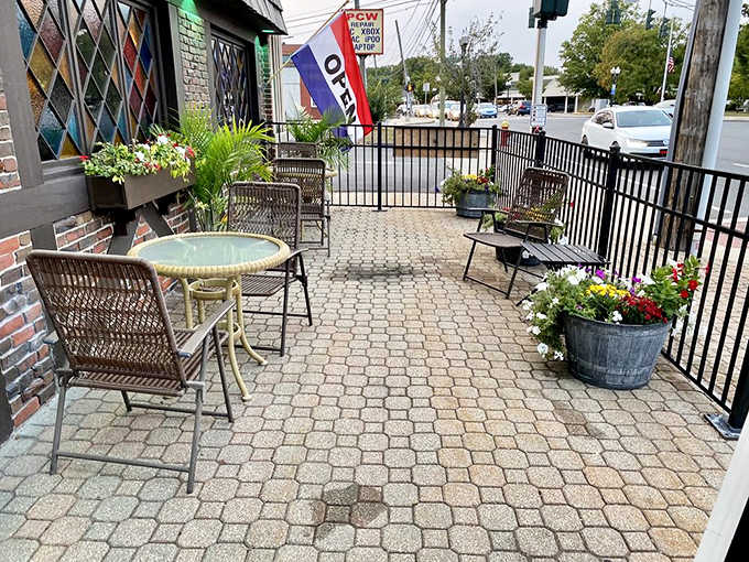 The outdoor patio offers a charming spot to enjoy your meal with fresh air and neighborhood views.