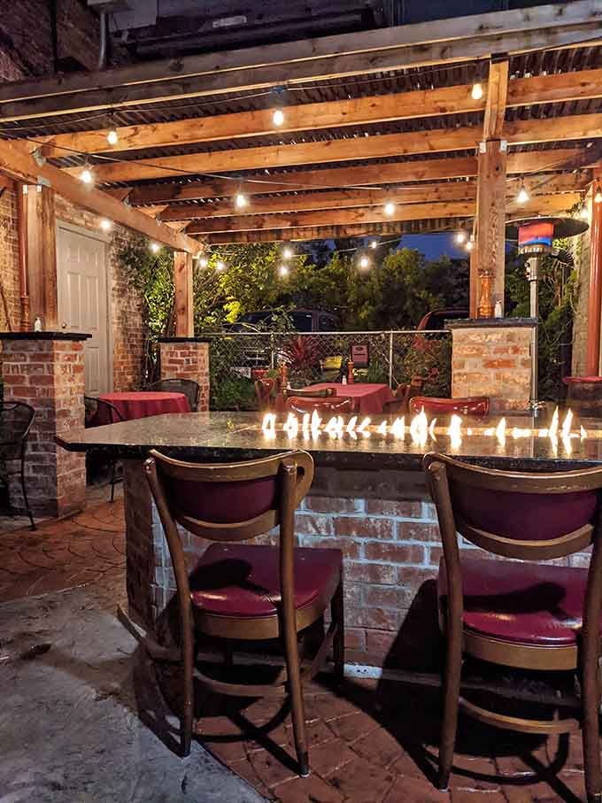 The outdoor patio offers al fresco dining with twinkling lights and that same vintage charm.