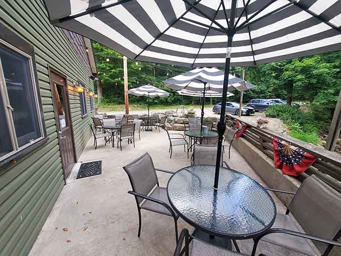 Summer evenings on this patio, surrounded by forest greenery, turn a simple meal into a vacation without leaving Pennsylvania.