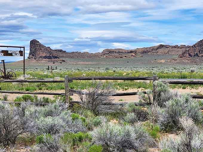 Fort Rock's volcanic formation looms in the distance, the ancient landmark that guided travelers for thousands of years.