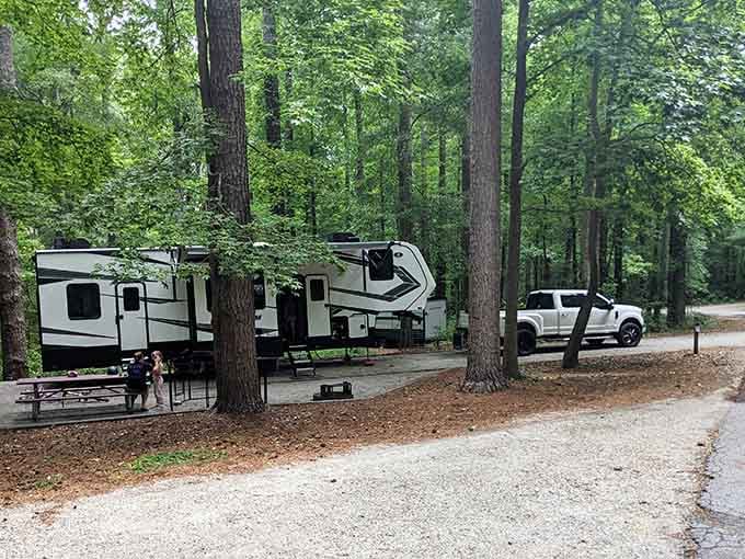 RV camping with hookups means roughing it with all your creature comforts intact, naturally.