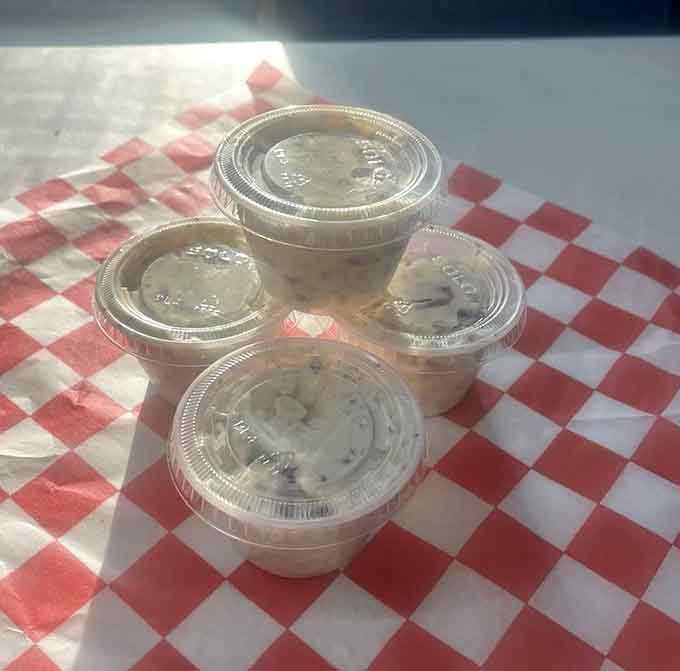 Potato salad portions that understand the assignment and then some, delivered in proper containers always.