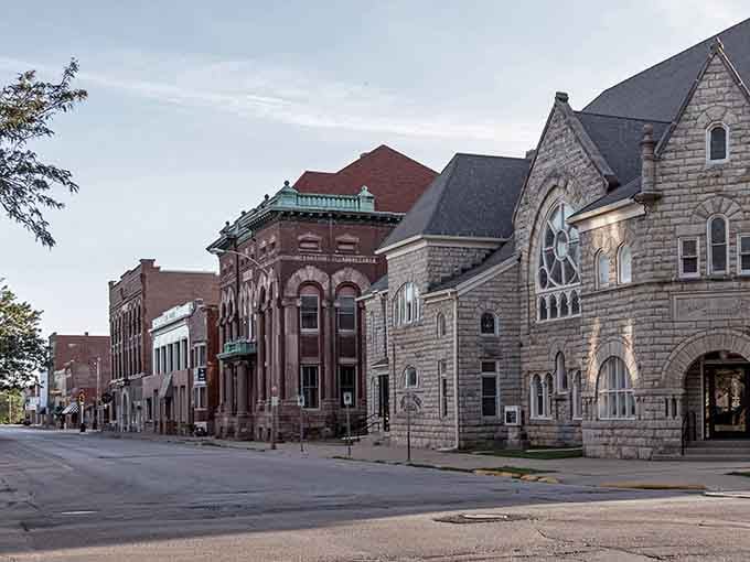 Multiple architectural styles coexist peacefully on one block, like a greatest hits album of 19th-century American building design.