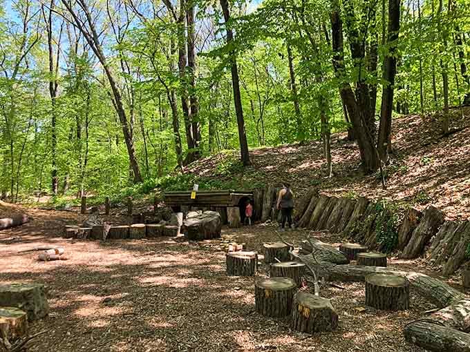 Log seating areas where kids can climb and explore while parents catch their breath and pretend they're supervising closely.