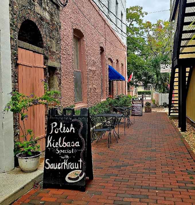 Outdoor seating on brick pavers lets you enjoy your pierogies while soaking up that historic St. Augustine atmosphere.