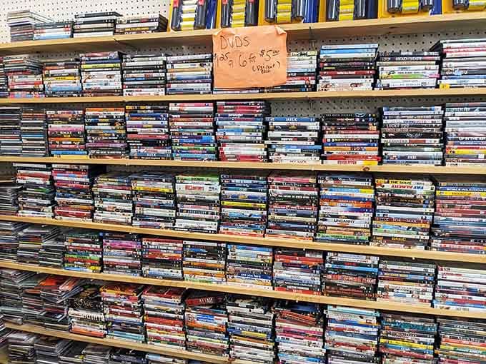 DVDs stacked floor to ceiling, a physical media lover's answer to endless streaming subscription fatigue.