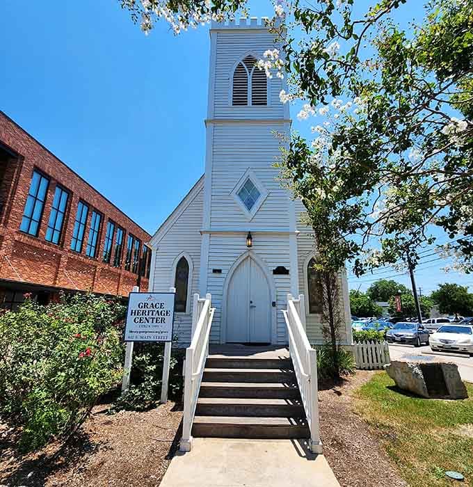 This pristine white chapel stands as a testament to simpler times, when steeples were the tallest things around.