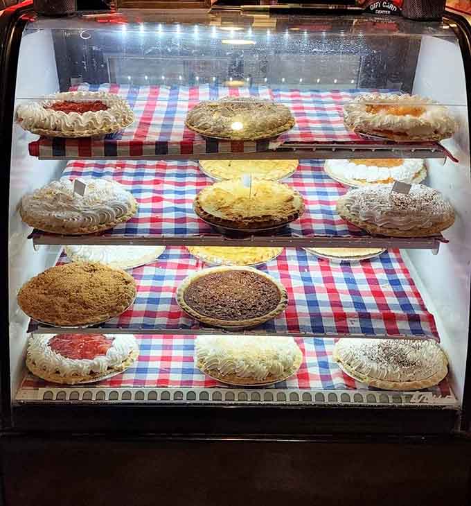 A pie case displaying this many homemade options should probably come with a warning label for dieters everywhere.